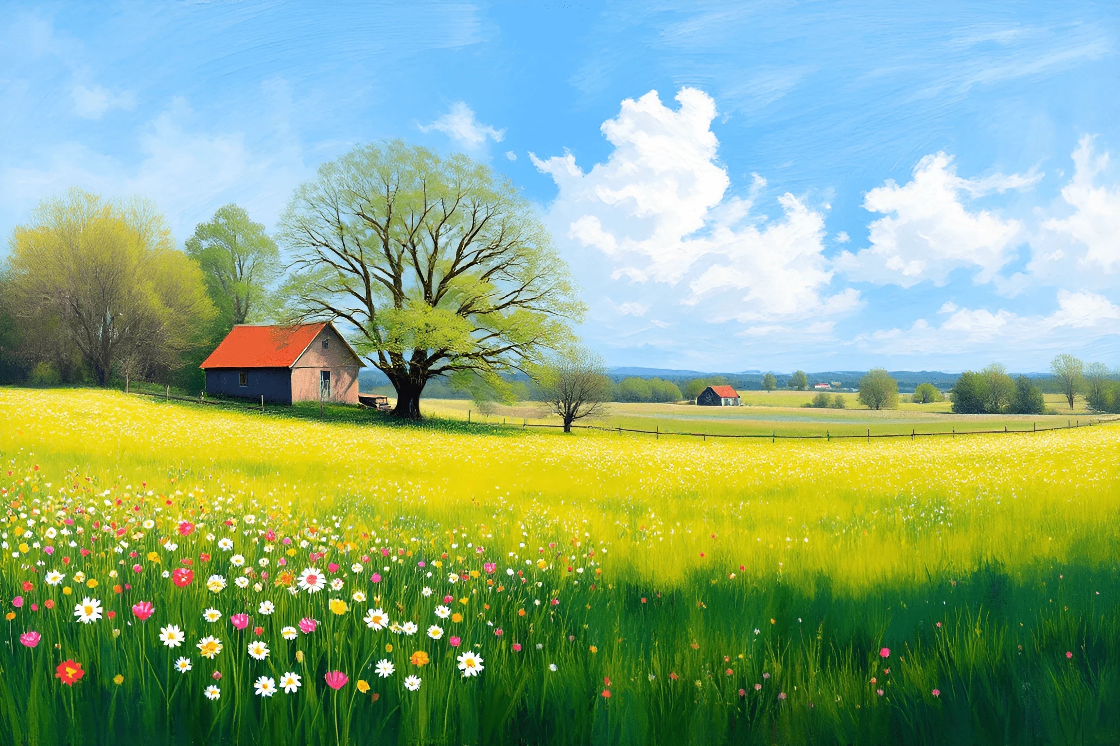 Colorful Spring Landscape with House - Free Download - AI Scribbles