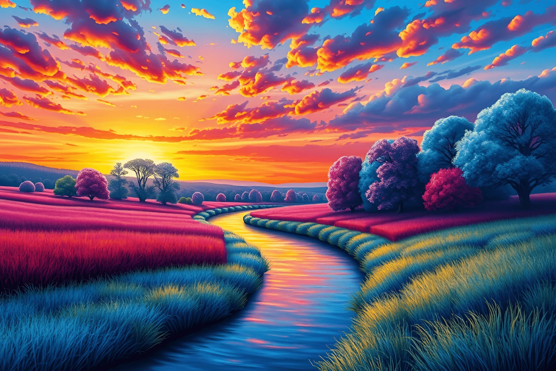 Colorful Sunset Landscape With River and Trees - Free Download - AI ...